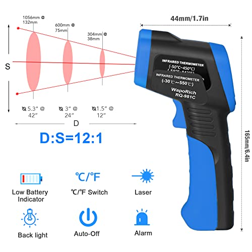 Infrared Thermometer Digital Laser Thermometer RQ-981C, Non-Contact Digital Infrared Thermometer from -50℃ to 550℃(-58 to1022℉) Come with LCD Back-Light, Data Hold for Industrial (Not for Human)