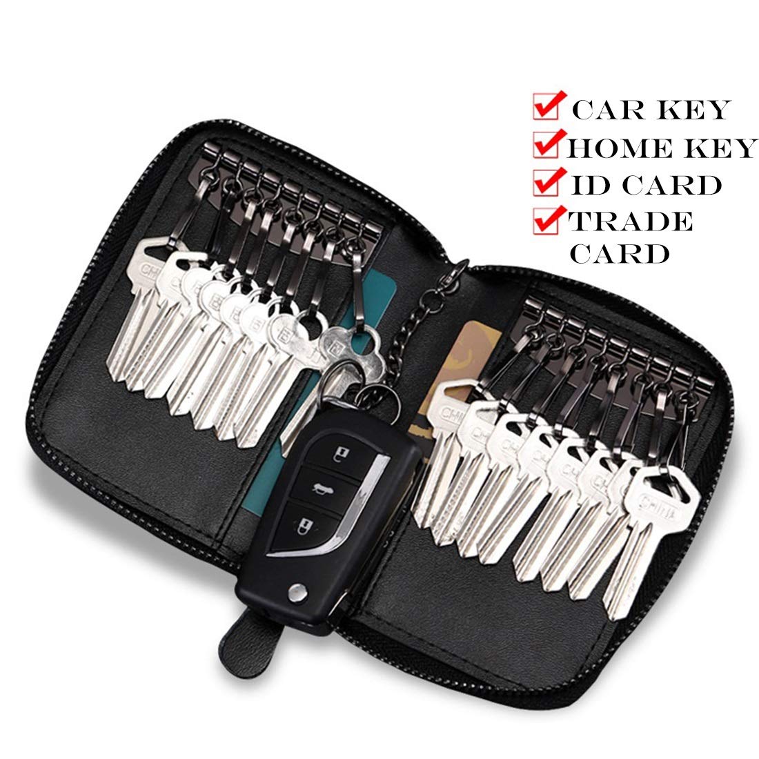 BAKUN Large Zipper Leather Car Key Case, Key Holder Key Organizer Wallet, With 16 Hooks (L, light brown)