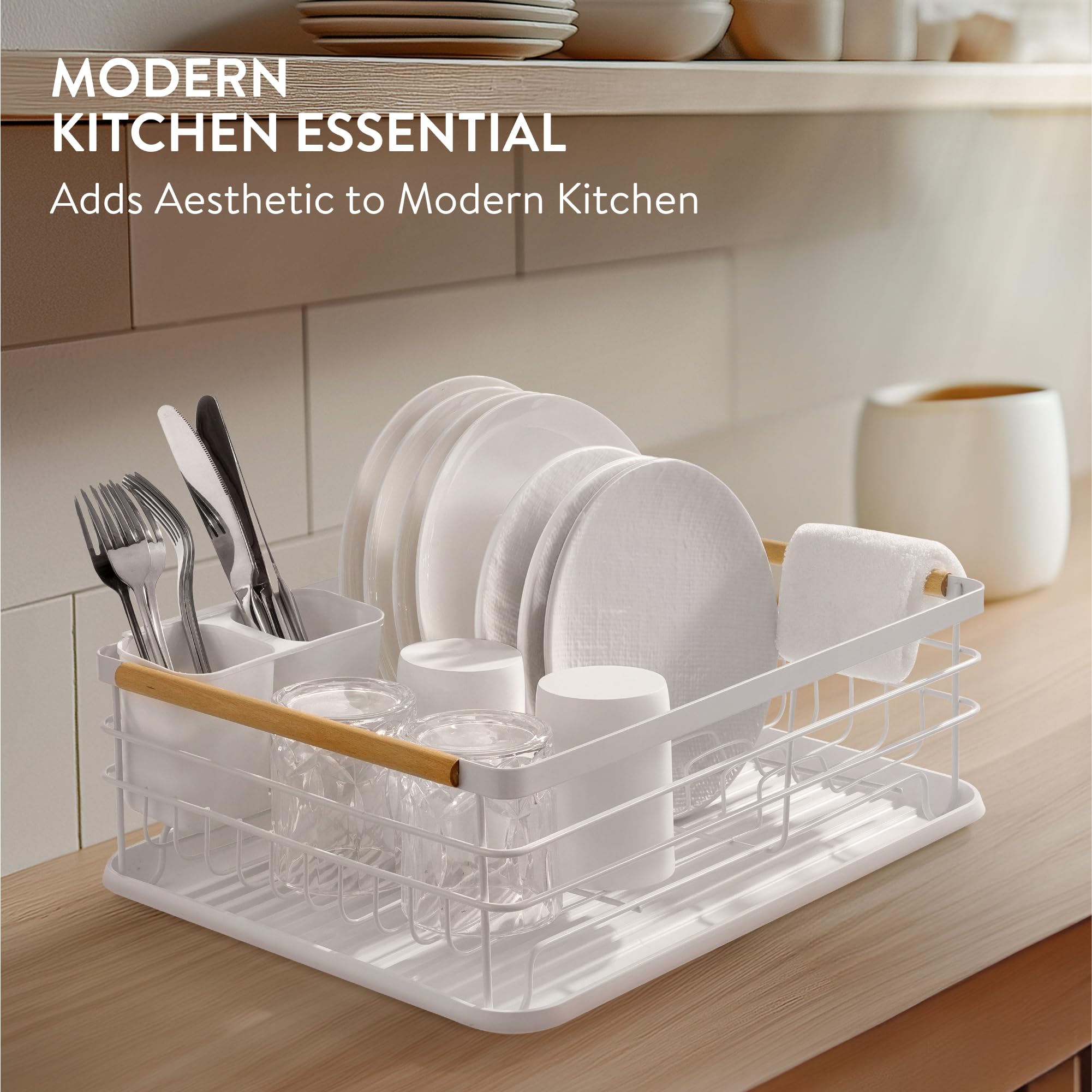 Navaris Dish Drainer Rack - Plate, Silverware, Pots and Pans Drying Rack for Kitchen with Beechwood Handles - Modern Retro Design Drip Tray - White