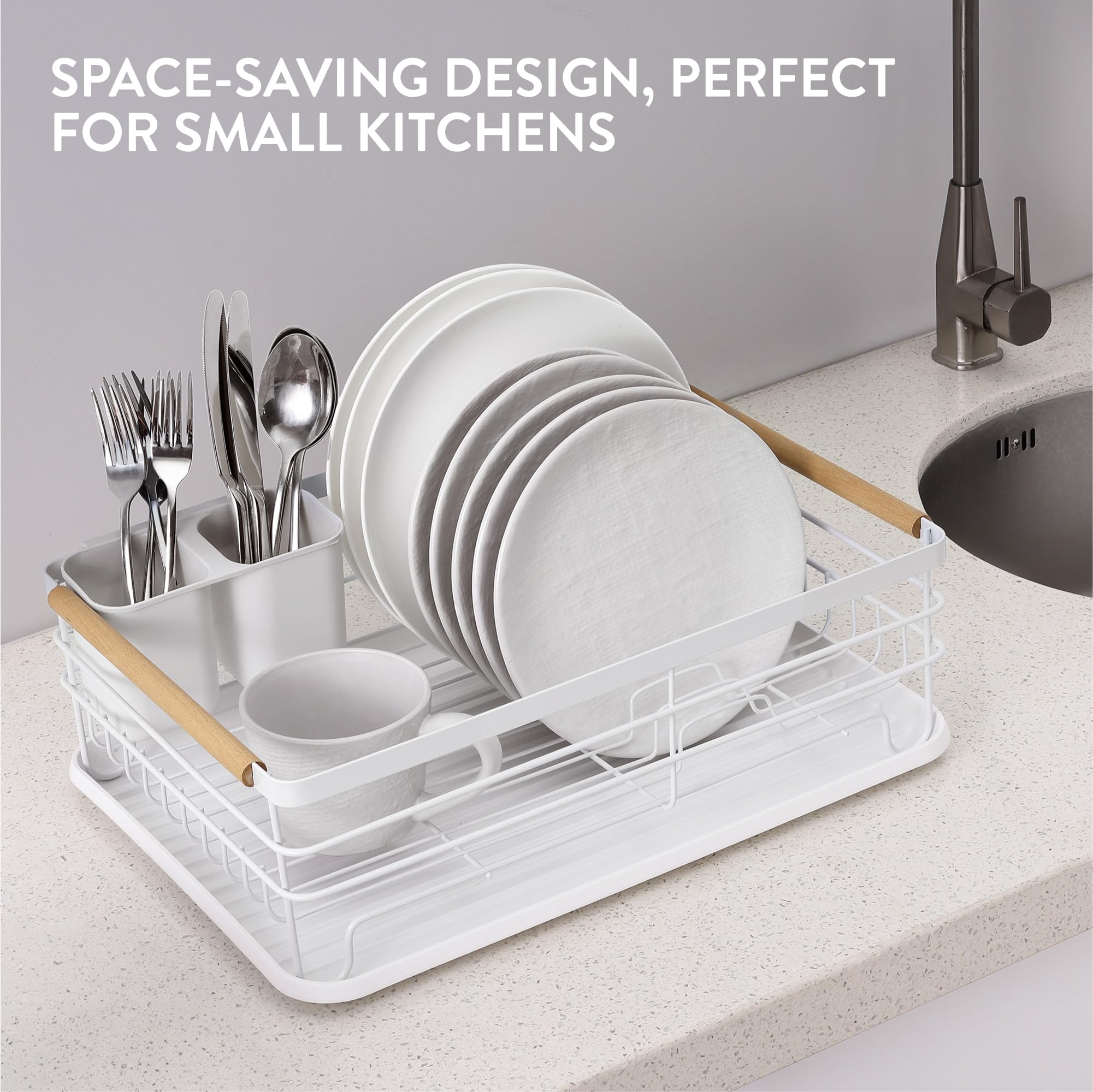 Navaris Dish Drainer Rack - Plate, Silverware, Pots and Pans Drying Rack for Kitchen with Beechwood Handles - Modern Retro Design Drip Tray - White