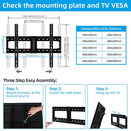 HOME VISION Tilt TV Wall Mount for Most 32-75 Inch TVs Universal Low Profile Fixed TV Bracket Max VESA 600x400mm Holds up to 165lb Wall Stand Fit 16β-18β-24β Studs Quick Release Lock TV Mount