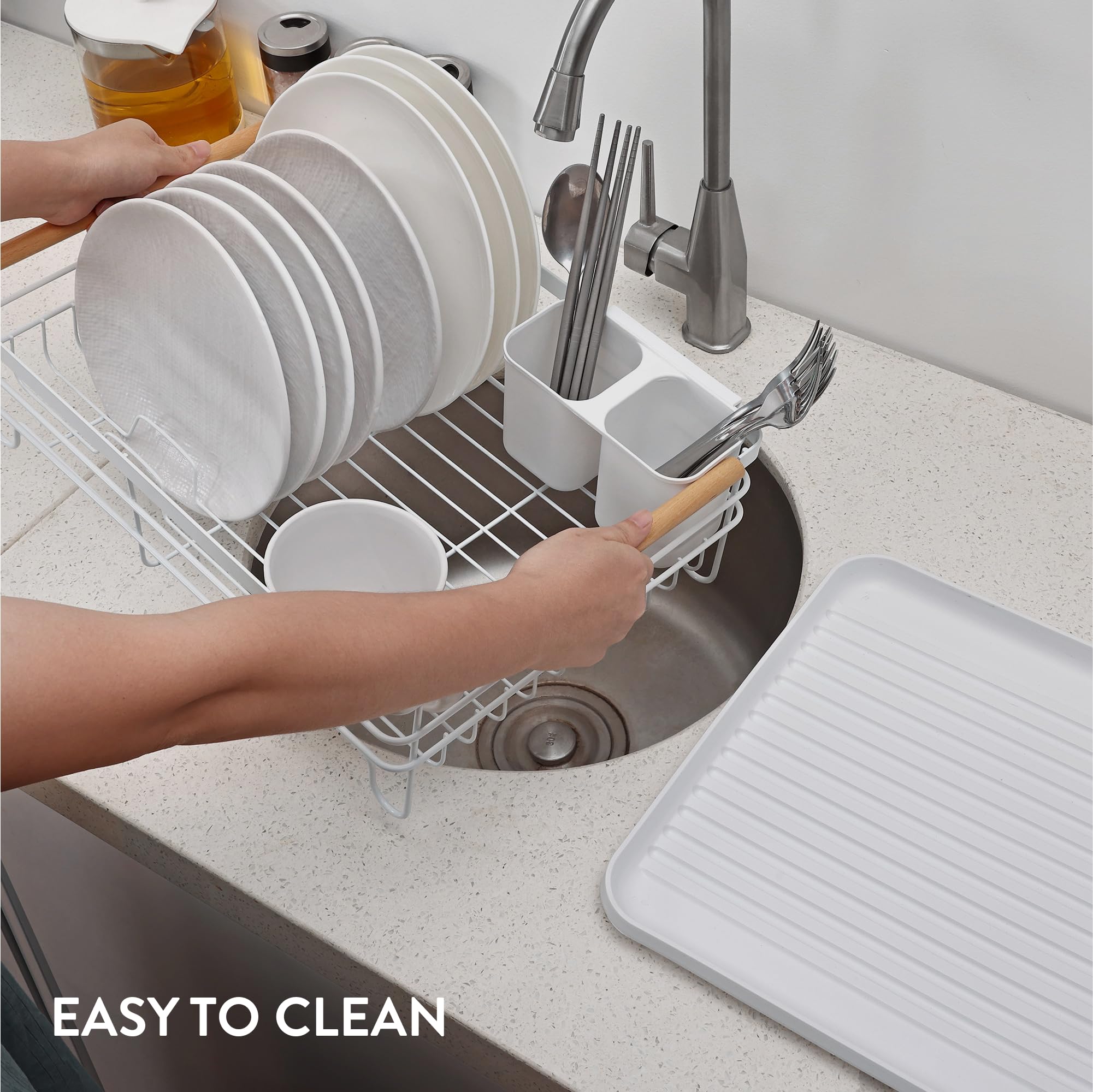 Navaris Dish Drainer Rack - Plate, Silverware, Pots and Pans Drying Rack for Kitchen with Beechwood Handles - Modern Retro Design Drip Tray - White