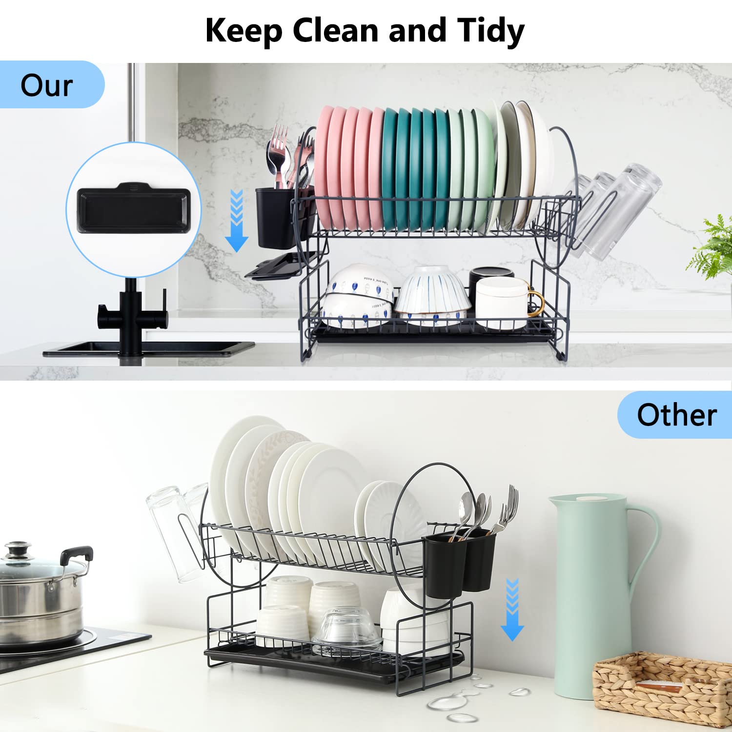 Housen Solutions Dish Drying Rack, 2 Tier Rust-Resistant Dish Rack with Drainboard, Dish Racks for Kitchen Counter with Glass and Utensil Holder