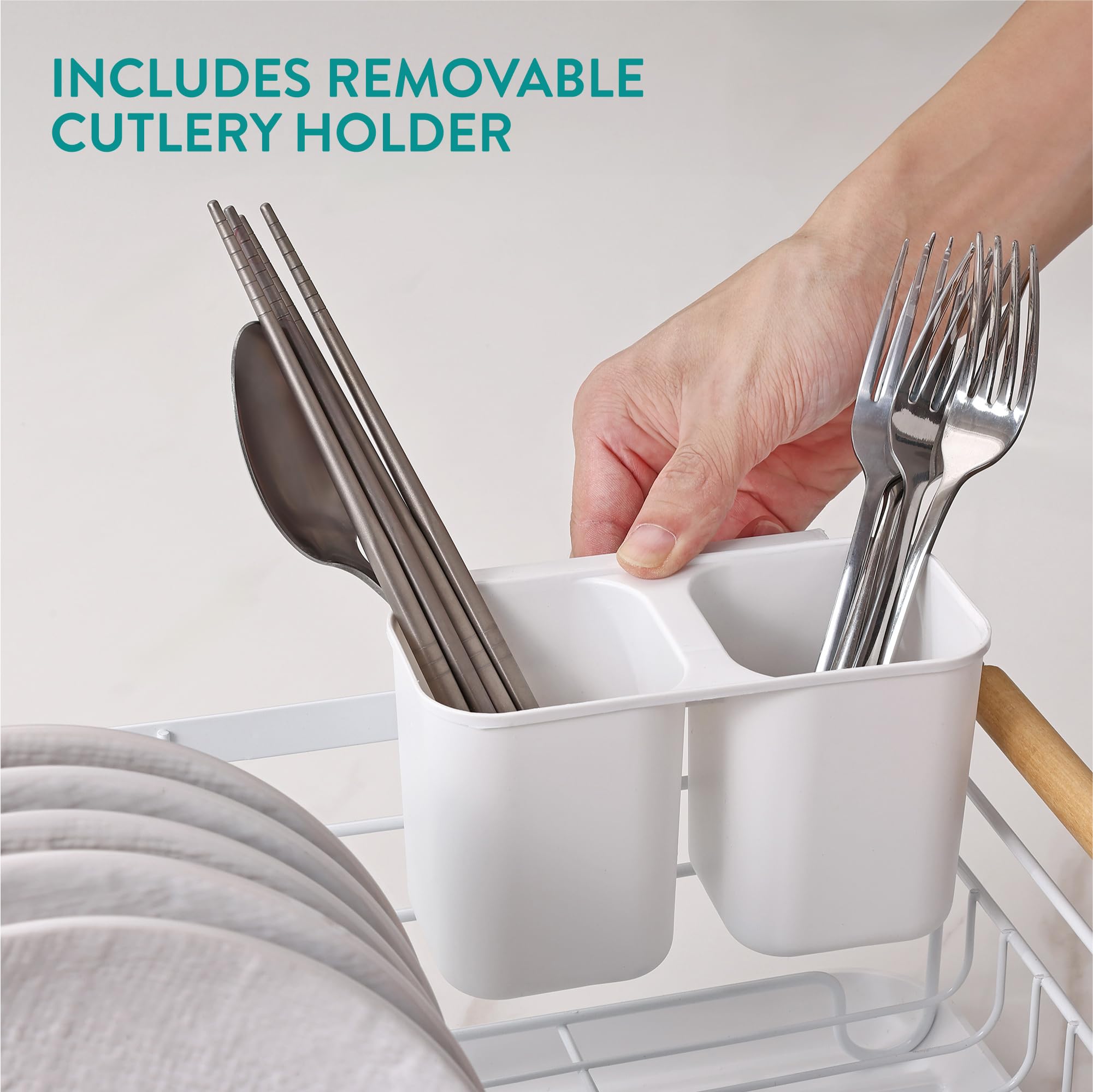 Navaris Dish Drainer Rack - Plate, Silverware, Pots and Pans Drying Rack for Kitchen with Beechwood Handles - Modern Retro Design Drip Tray - White