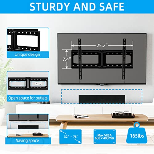 HOME VISION Tilt TV Wall Mount for Most 32-75 Inch TVs Universal Low Profile Fixed TV Bracket Max VESA 600x400mm Holds up to 165lb Wall Stand Fit 16β-18β-24β Studs Quick Release Lock TV Mount