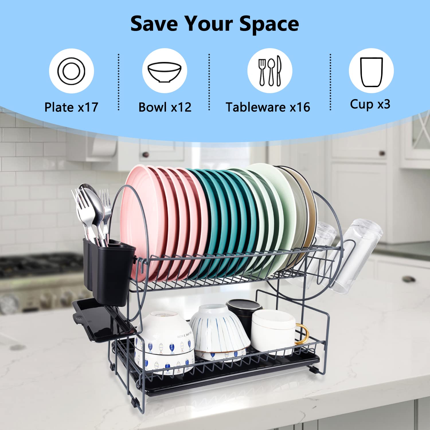 Housen Solutions Dish Drying Rack, 2 Tier Rust-Resistant Dish Rack with Drainboard, Dish Racks for Kitchen Counter with Glass and Utensil Holder