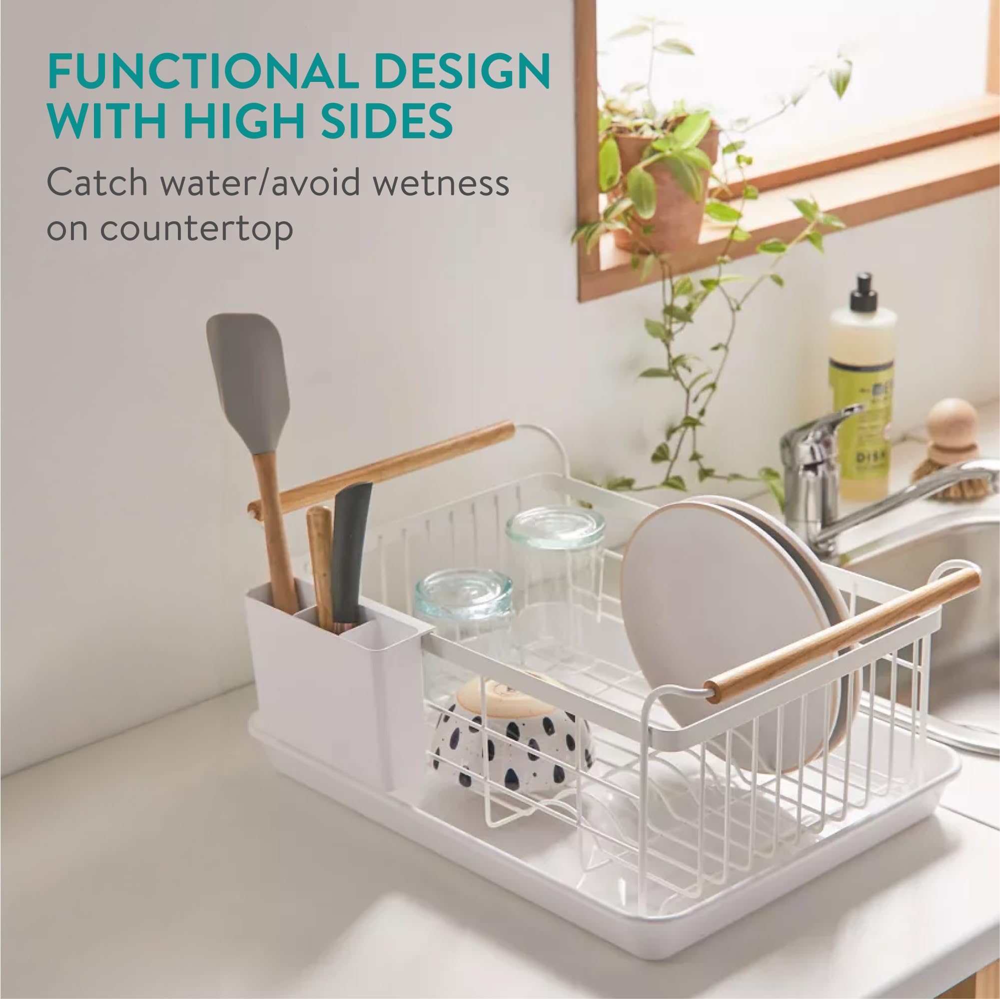 Navaris Dish Drainer Rack - Plate, Silverware, Pots and Pans Drying Rack for Kitchen with Beechwood Handles - Modern Retro Design Drip Tray - White