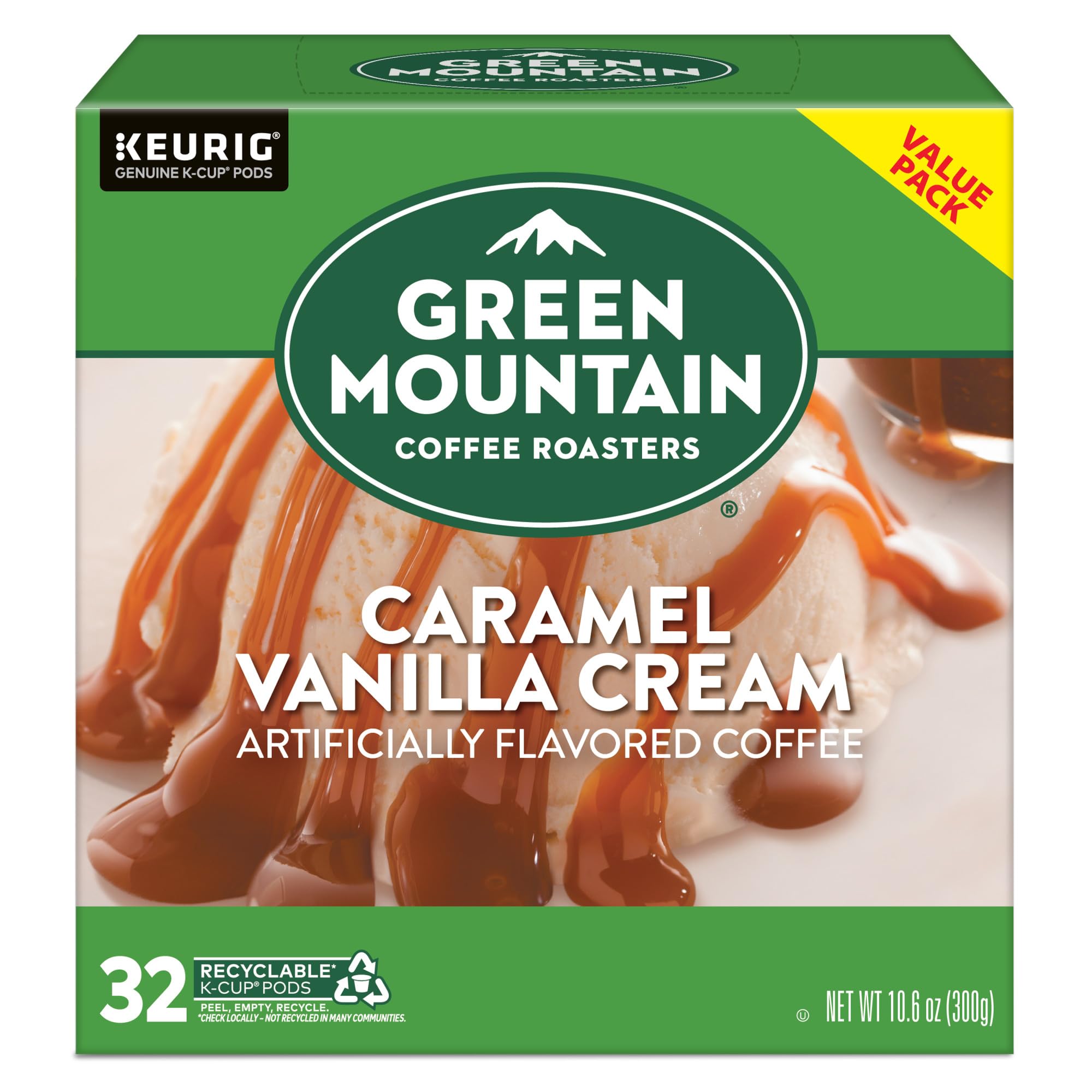 Green Mountain Coffee Roasters Caramel Vanilla Cream, Single-Serve Keurig K-Cup Pods, Flavored Light Roast Coffee Pods, 32 Count