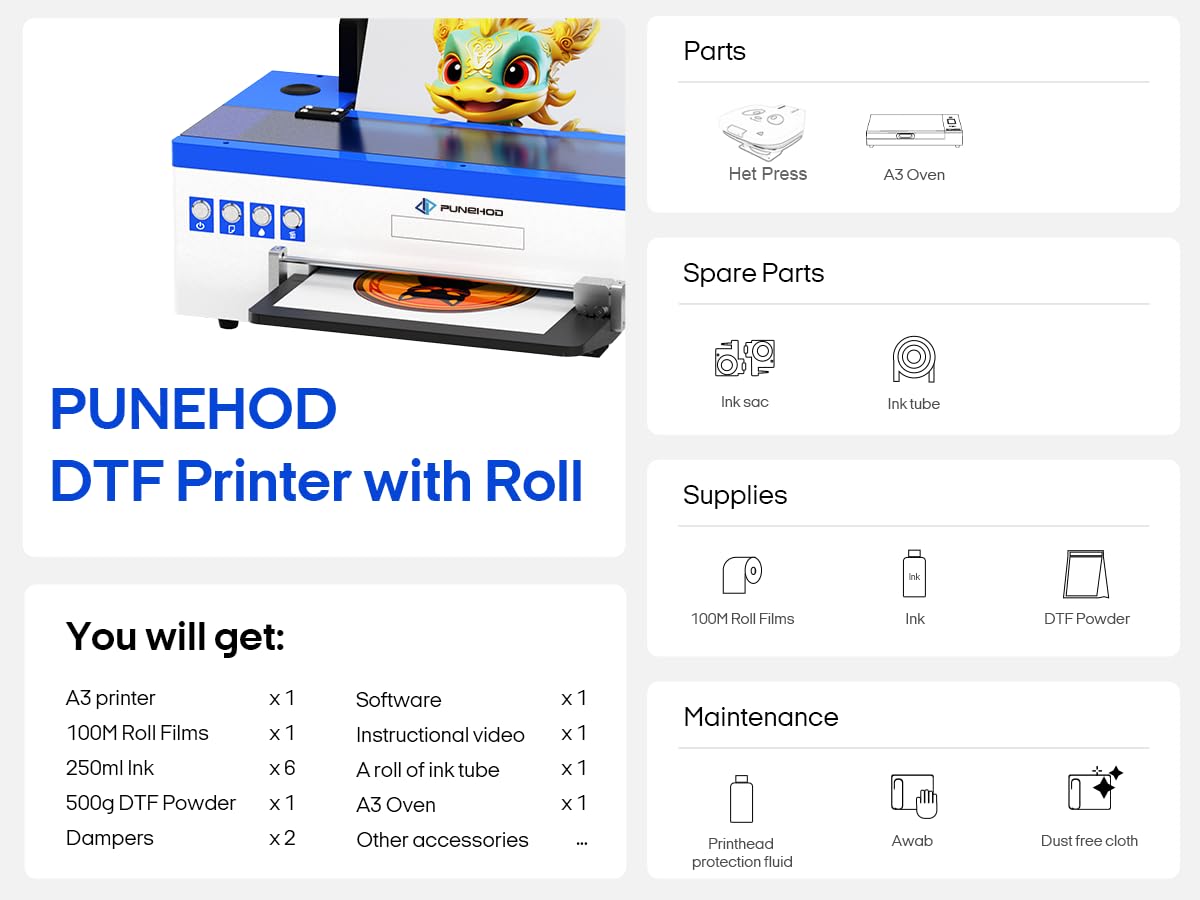 PUNEHOD L1800 DTF Transfer Printer with Roll Feeder,Direct to Film Print-preheating A3 DTF Printer for Dark and Light Clothing VS DTG Printer (A3 DTF Printer +Oven)