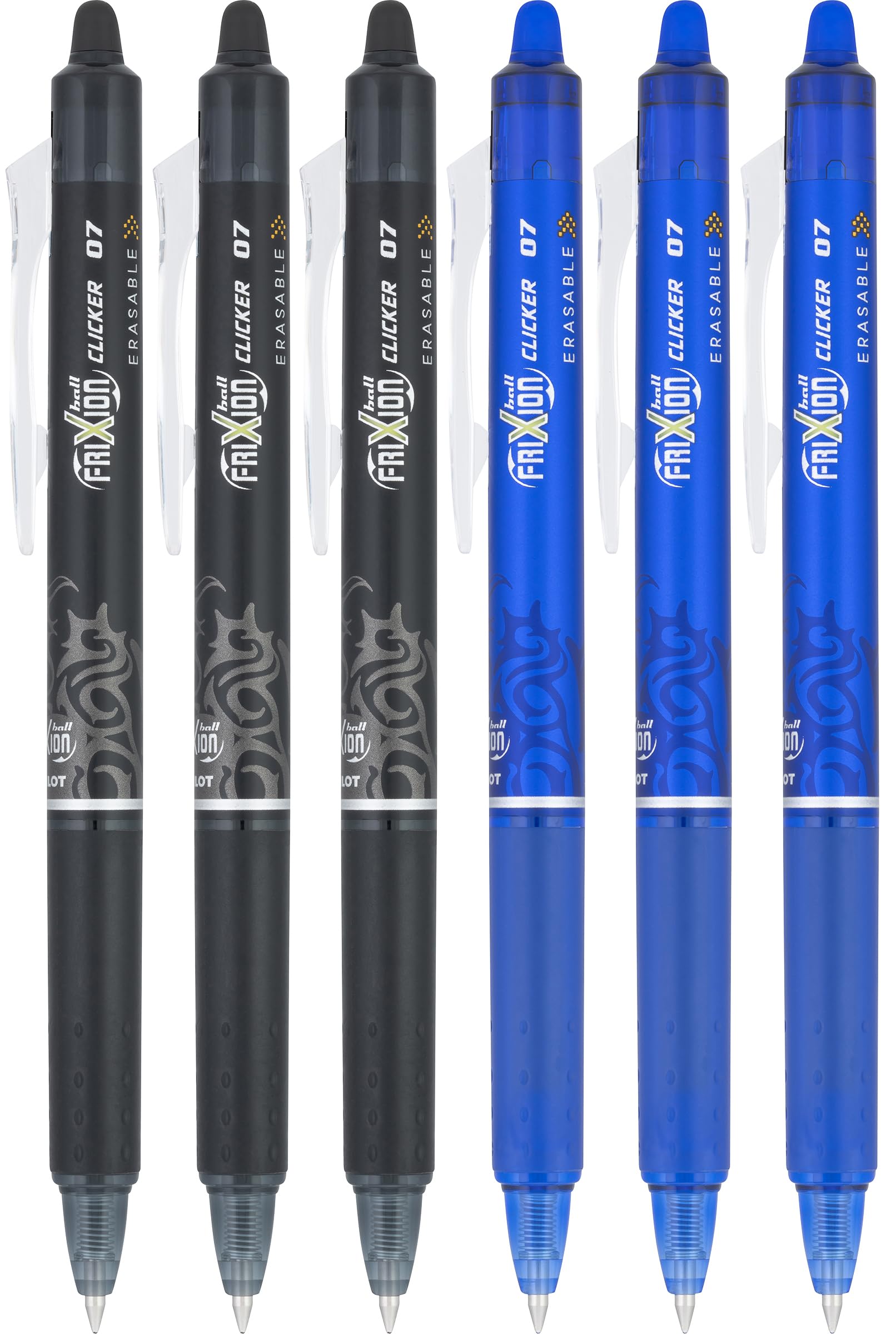 Pilot FriXion Clicker 0.7mm, Erasable Gel Pens, Fine Point (6-Pack, Black/Blue)
