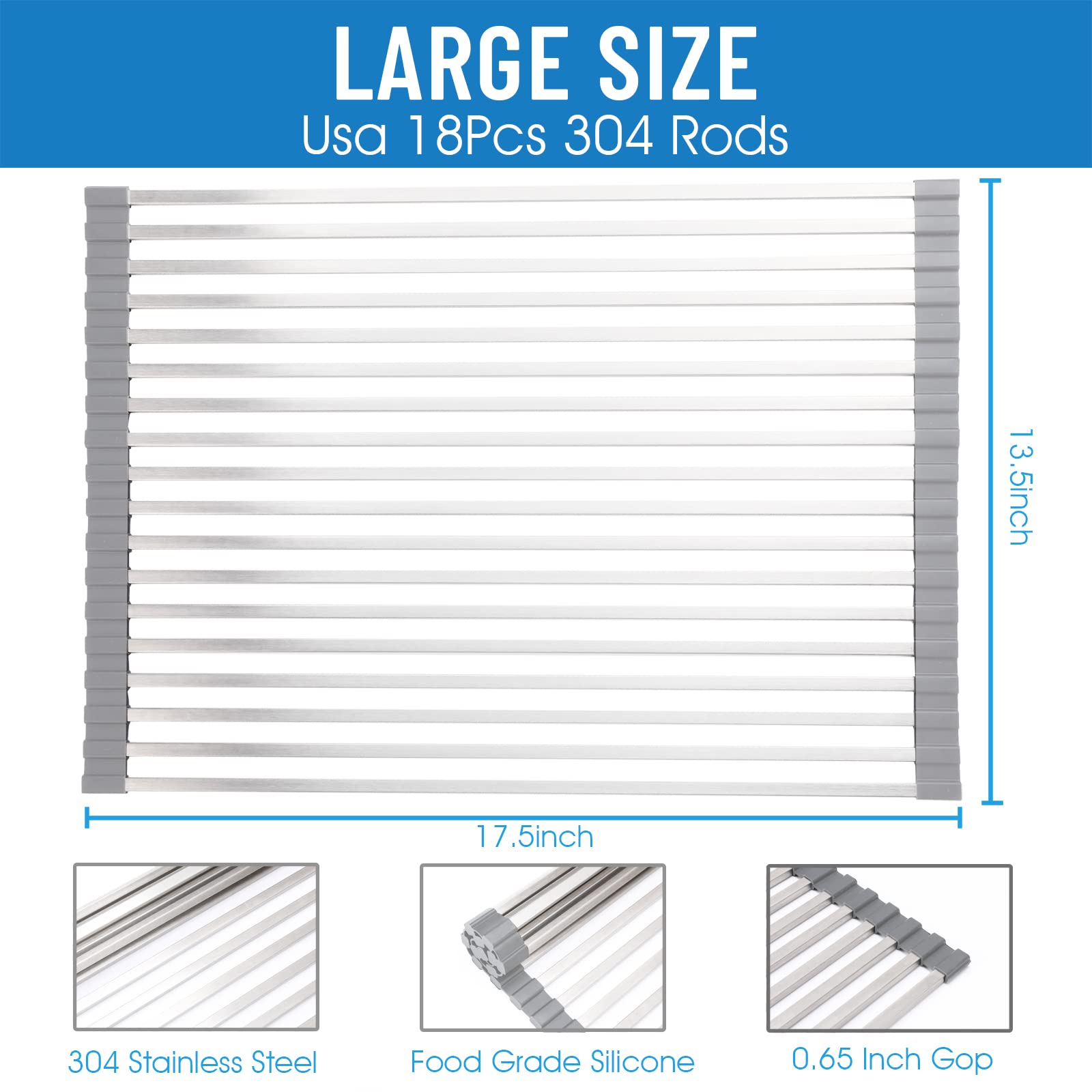 Josmiebo Roll Up Dish Drying Rack, Sink Dish Drying Rack, Kitchen Portable Dish Rack, Multipurpose Square Stainless Steel Sink Drain Rack (Square) 17.5" x 13.5"