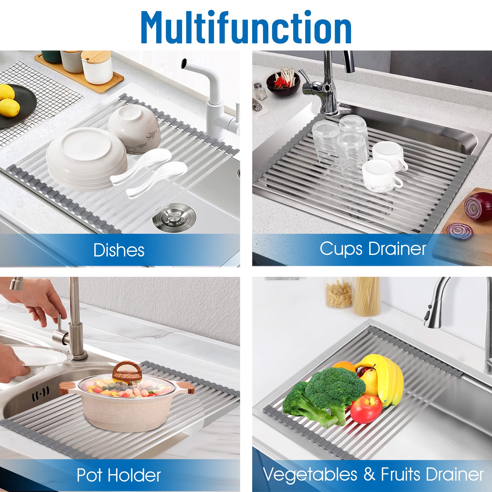Josmiebo Roll Up Dish Drying Rack, Sink Dish Drying Rack, Kitchen Portable Dish Rack, Multipurpose Square Stainless Steel Sink Drain Rack (Square) 17.5" x 13.5"