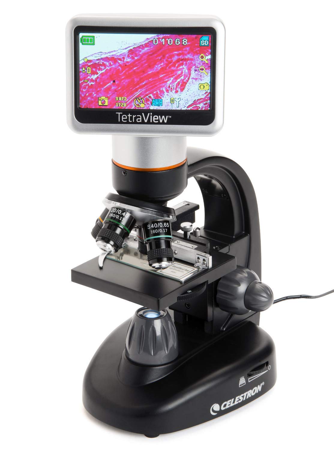 Celestron – TetraView LCD Digital Microscope – Biological Microscope with a Built-In 5MP Digital Camera – Adjustable Mechanical Stage –Carrying Case and 2GB Micro SD Card