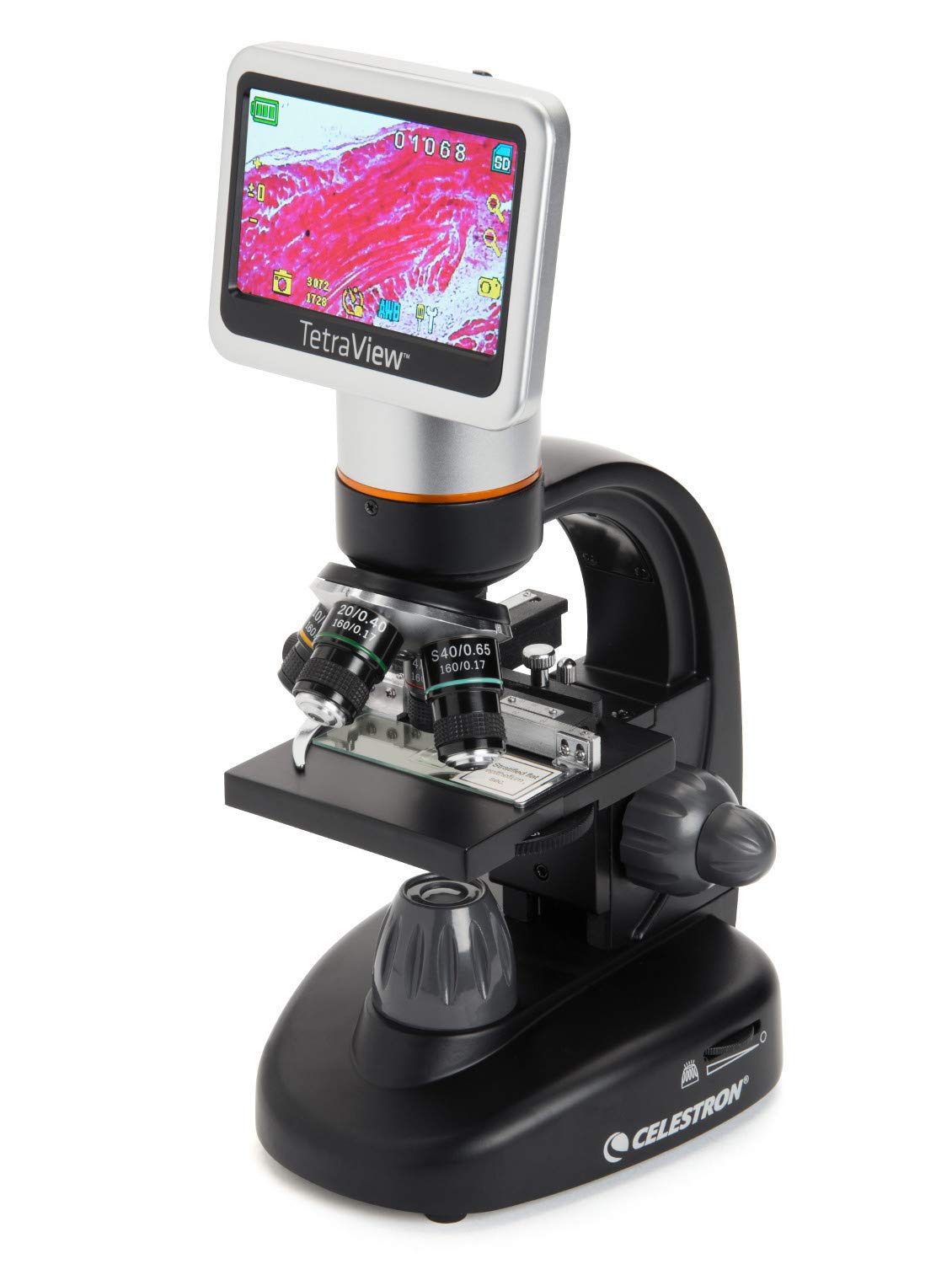Celestron – TetraView LCD Digital Microscope – Biological Microscope with a Built-In 5MP Digital Camera – Adjustable Mechanical Stage –Carrying Case and 2GB Micro SD Card