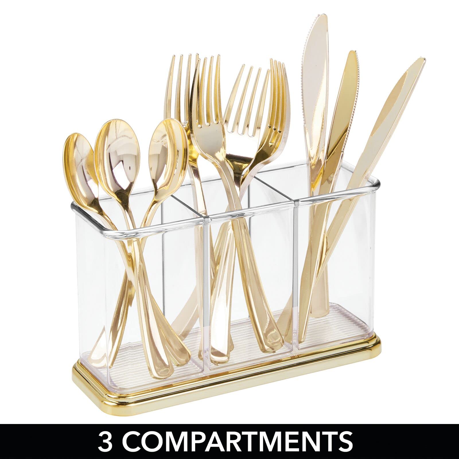 mDesign Plastic Cutlery Utensil Holder Storage Organizer Caddy for Kitchen Countertop Organization - Holds Fork, Knife, Spoon, Silverware - 3 Divided Sections - Hyde Collection - Clear/Soft Brass