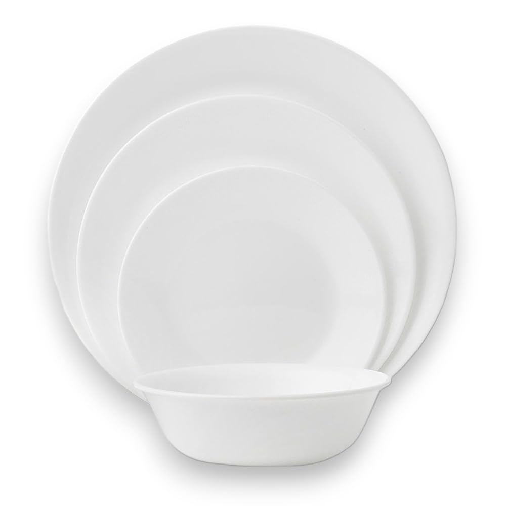 Corelle Vitrelle 18-Piece Service for 6 Dinnerware Set, Triple Layer Glass and Chip Resistant, Lightweight Round Plates and Bowls Set, Winter Frost White