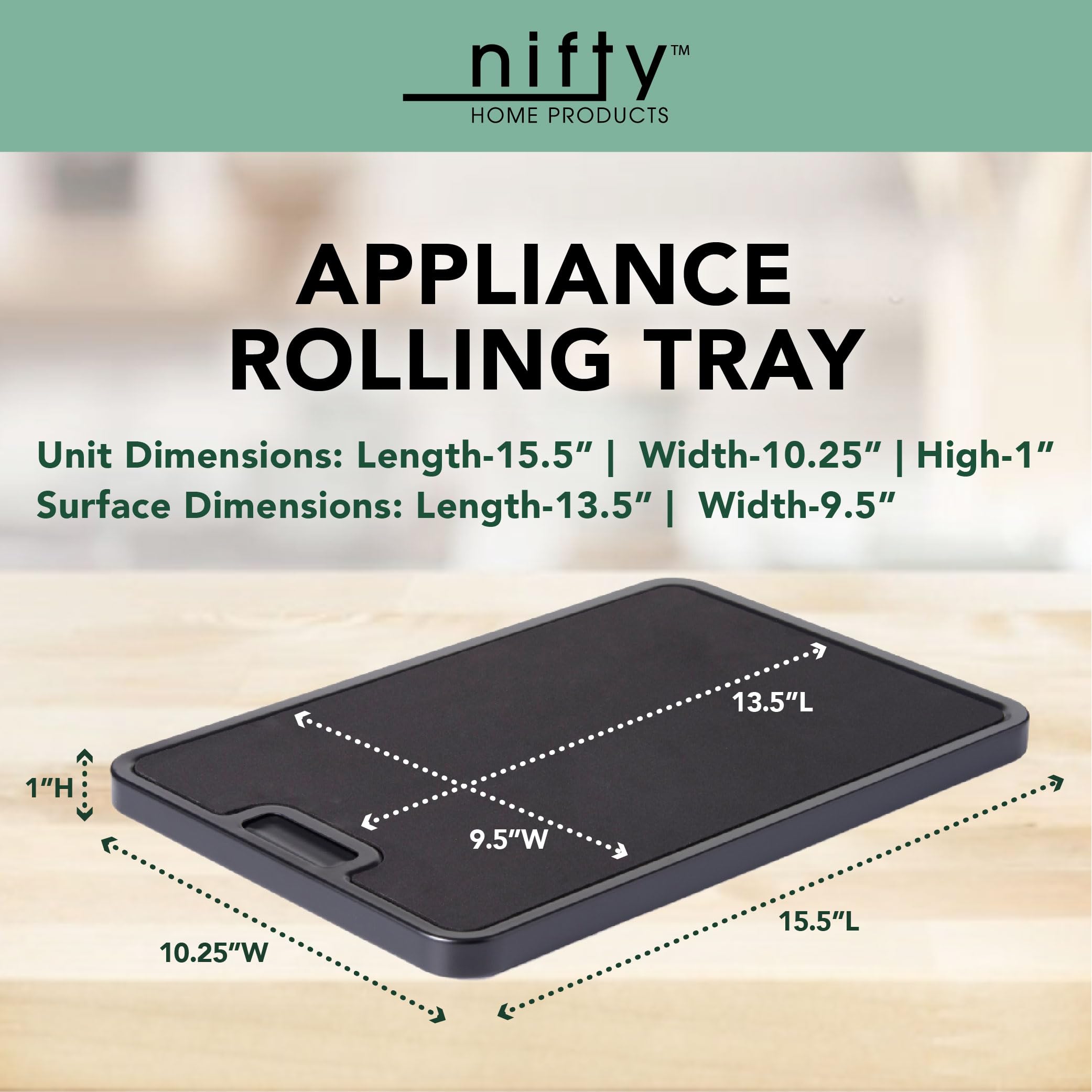 Nifty Medium Appliance Rolling Tray – Black, Home Kitchen Counter Organizer, Integrated Rolling System, Non-Slip Pad Top for Coffee Maker, Stand Mixer, Blender, Toaster