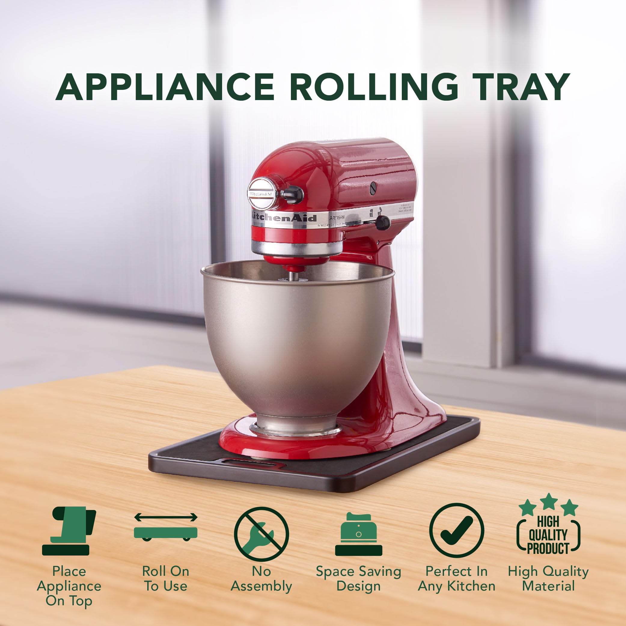 Nifty Medium Appliance Rolling Tray – Black, Home Kitchen Counter Organizer, Integrated Rolling System, Non-Slip Pad Top for Coffee Maker, Stand Mixer, Blender, Toaster