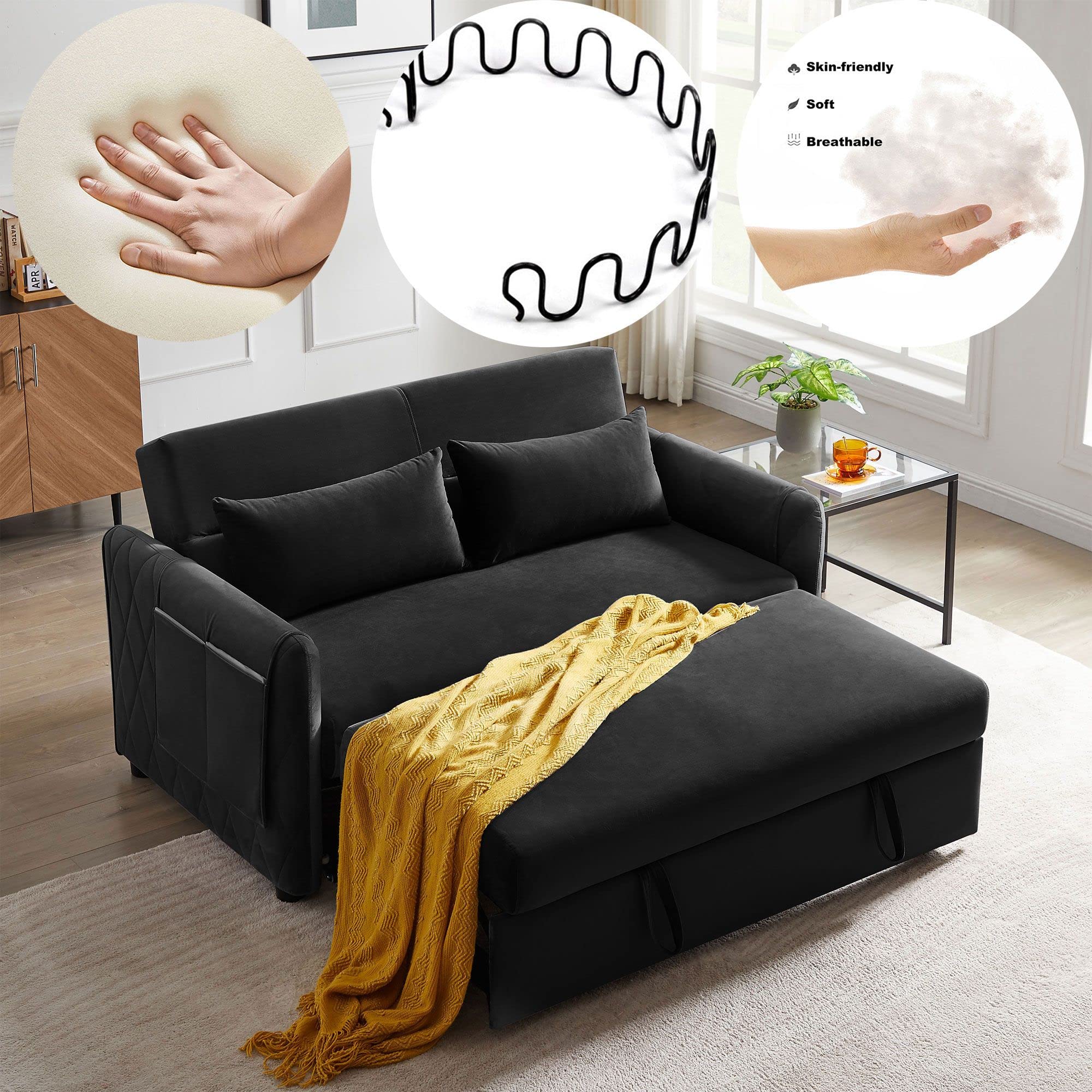 Monkey Patio 59.5 Inches Modern Velvet Loveseat with Pull-Out Convertible Sleeper Sofa Bed, 2 Arm Pockets, 2 Pillows and Adjustable Backrest for Living Room, Grid Design Armrests (Black)