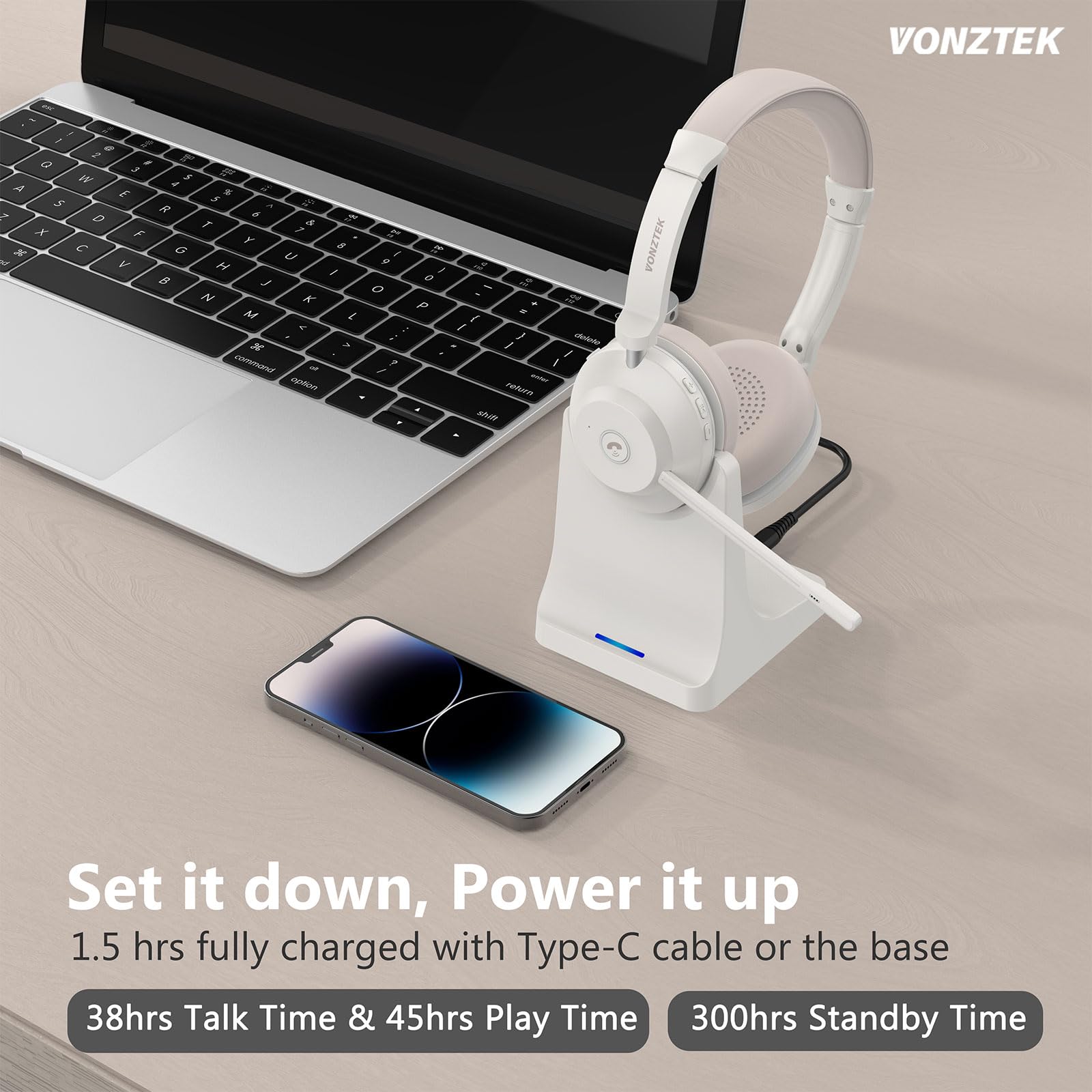 Wireless Headset, QCC 5.2 Bluetooth Headset with CVC 8.0 Dual Mic Noise Canceling & Charging Dock, 45 Hrs Wireless Headphones with USB Dongle for Computer Cell Phone Office Work Teams Meetings