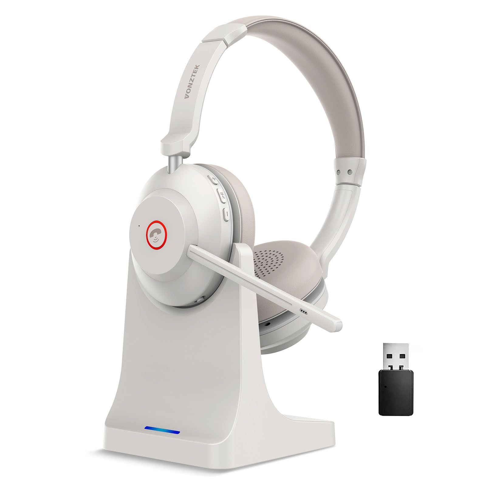 Wireless Headset, QCC 5.2 Bluetooth Headset with CVC 8.0 Dual Mic Noise Canceling & Charging Dock, 45 Hrs Wireless Headphones with USB Dongle for Computer Cell Phone Office Work Teams Meetings