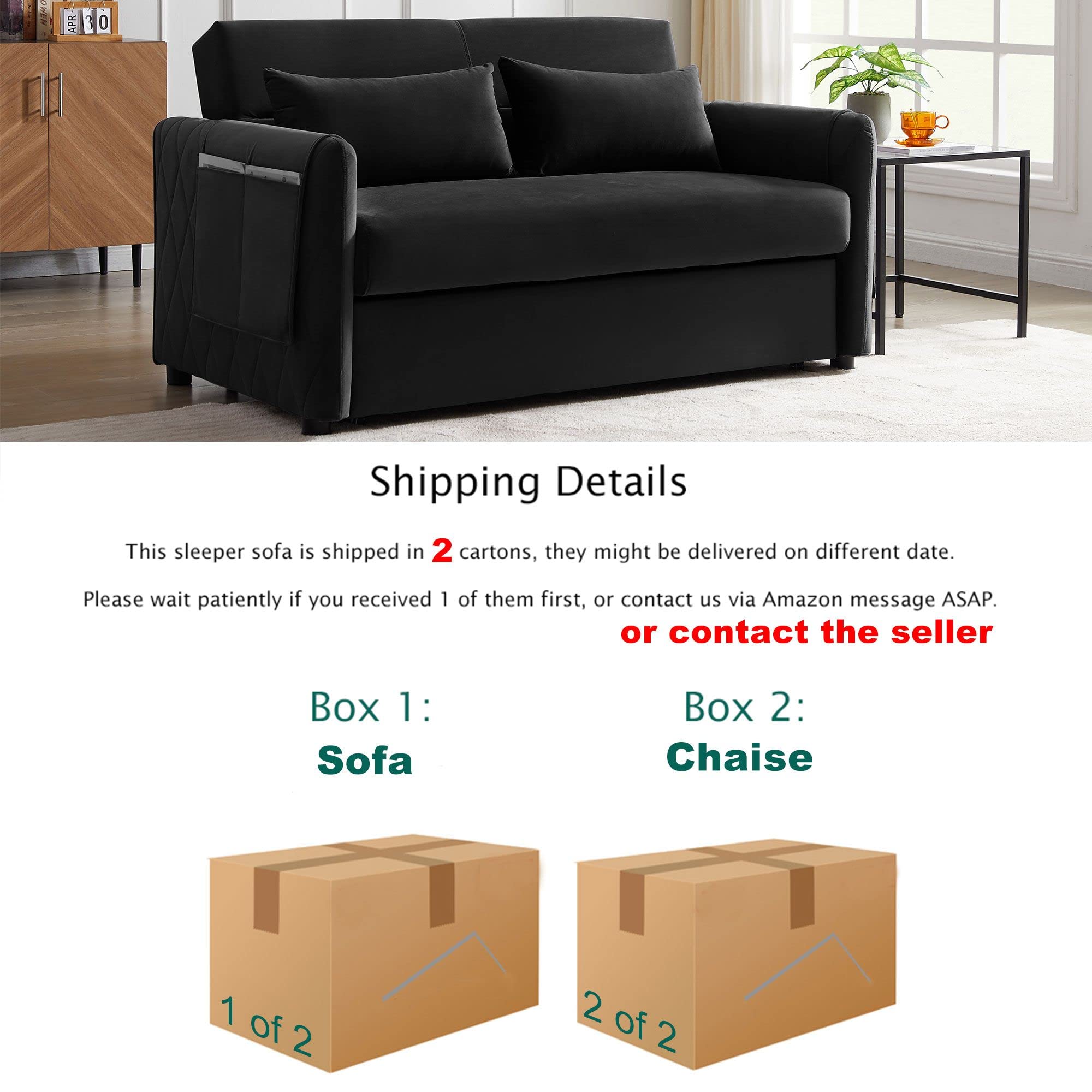 Monkey Patio 59.5 Inches Modern Velvet Loveseat with Pull-Out Convertible Sleeper Sofa Bed, 2 Arm Pockets, 2 Pillows and Adjustable Backrest for Living Room, Grid Design Armrests (Black)