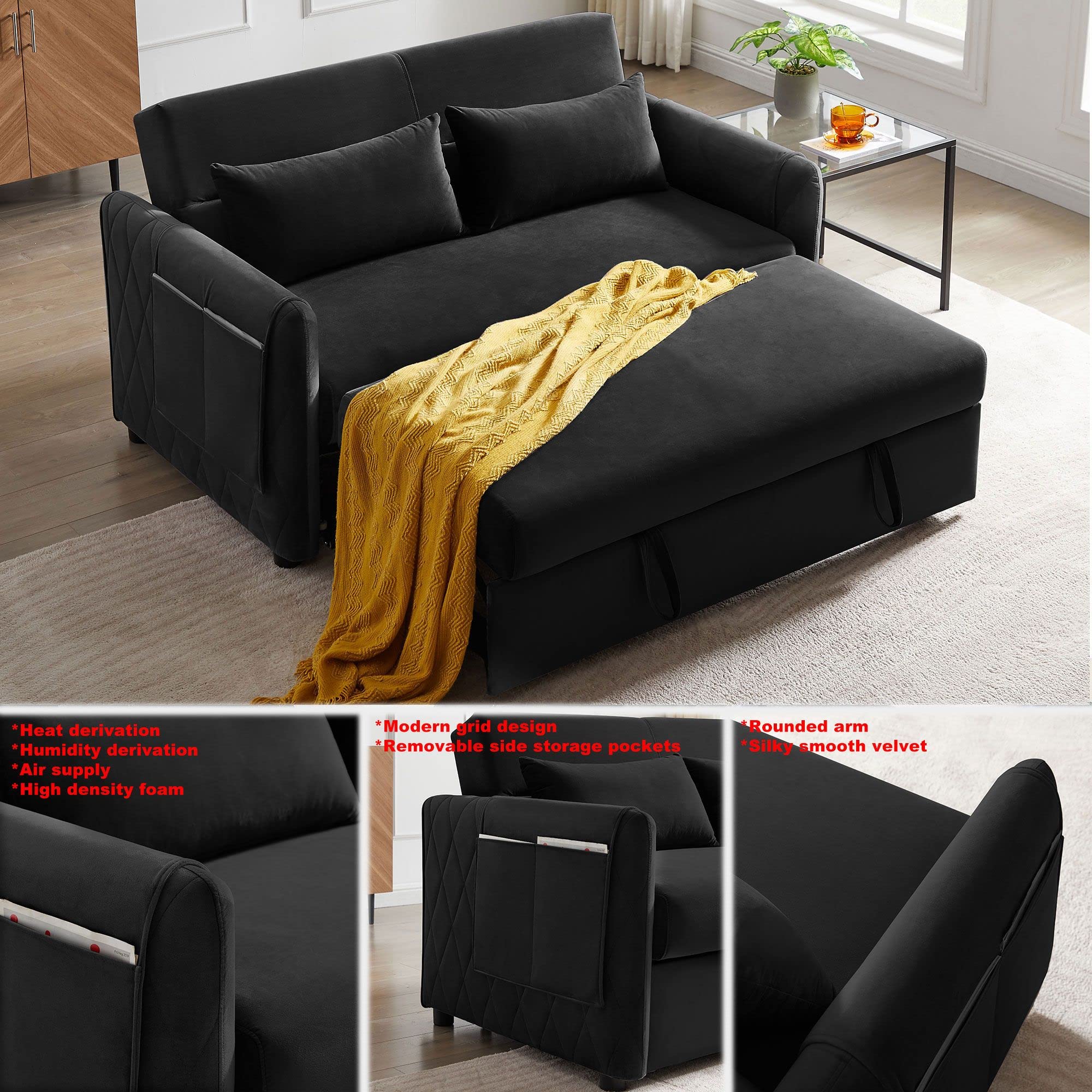 Monkey Patio 59.5 Inches Modern Velvet Loveseat with Pull-Out Convertible Sleeper Sofa Bed, 2 Arm Pockets, 2 Pillows and Adjustable Backrest for Living Room, Grid Design Armrests (Black)