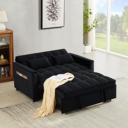 FANYE Modern Convertible Loveseat Pull Out Sleeper Bed,2 Seater Sofa & Couch W/Adjustable Backrest,Tufted Daybed for Home Apartment Office Living Room, Black Twin Velvet Both Side Pockets