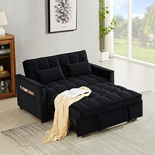 FANYE Modern Convertible Loveseat Pull Out Sleeper Bed,2 Seater Sofa & Couch W/Adjustable Backrest,Tufted Daybed for Home Apartment Office Living Room, Black Twin Velvet Both Side Pockets