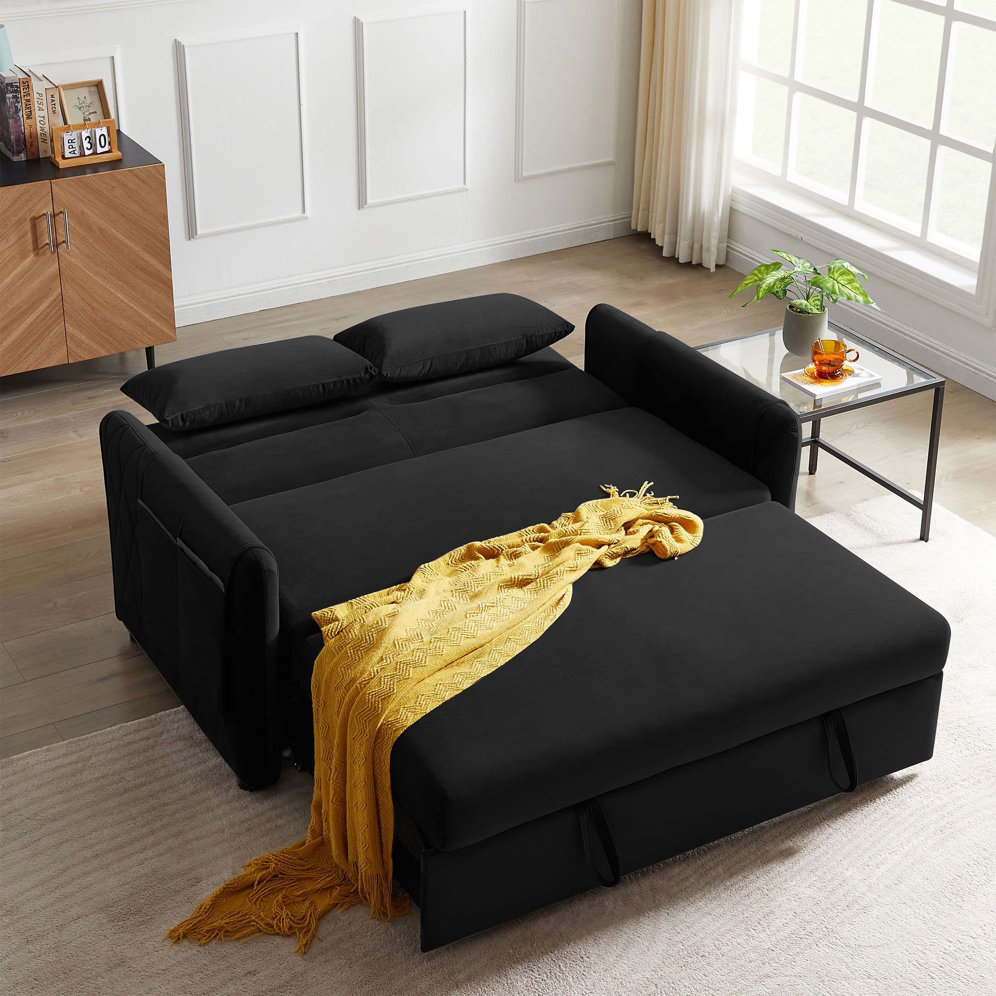 Monkey Patio 59.5 Inches Modern Velvet Loveseat with Pull-Out Convertible Sleeper Sofa Bed, 2 Arm Pockets, 2 Pillows and Adjustable Backrest for Living Room, Grid Design Armrests (Black)