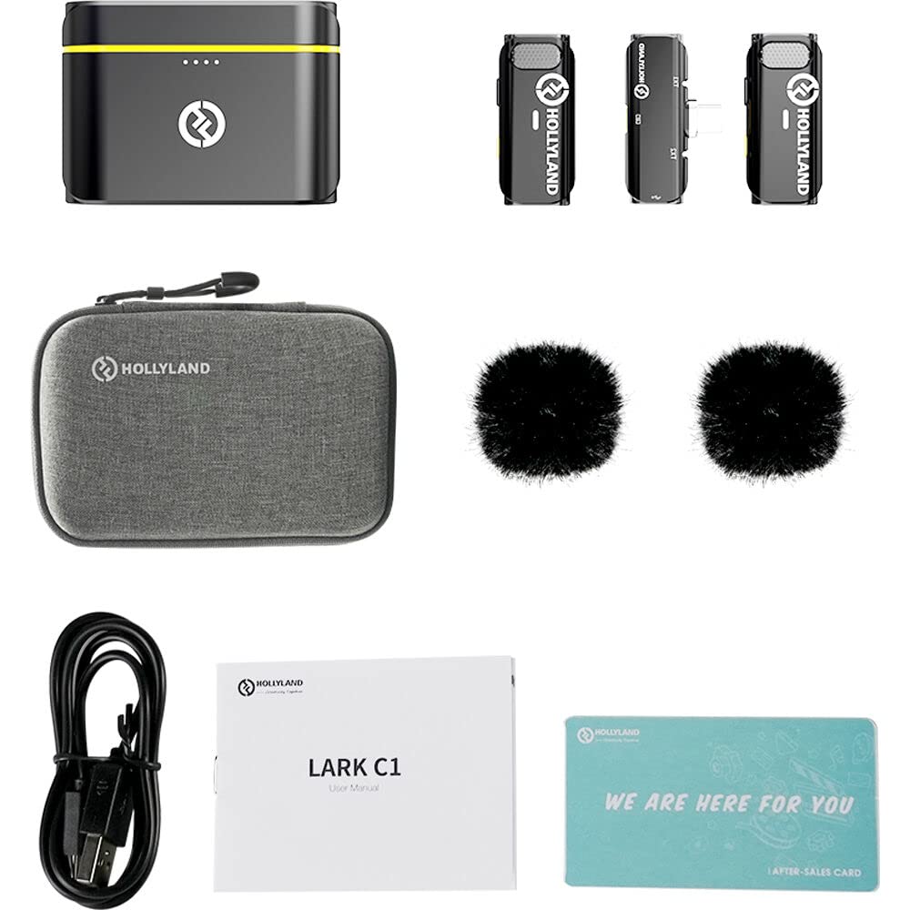 Hollyland Lark C1 Duo 2.4GHz Noise Canceling Compact Long Runtime Curved Edge Ergonomics 650-Feet Wireless Range Microphone System (Black)