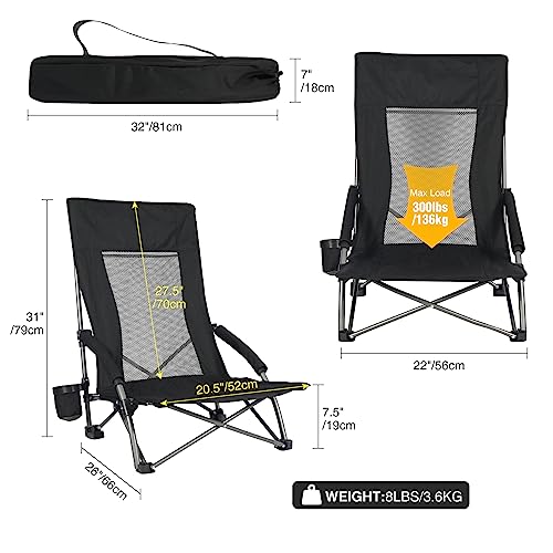 REDCAMP High Back Beach Chairs for Adults, Oversided Folding Low Beach Chairs for Concerts, Lightweight Portable for Camping Backpacking Outdoor Sports Events, Black