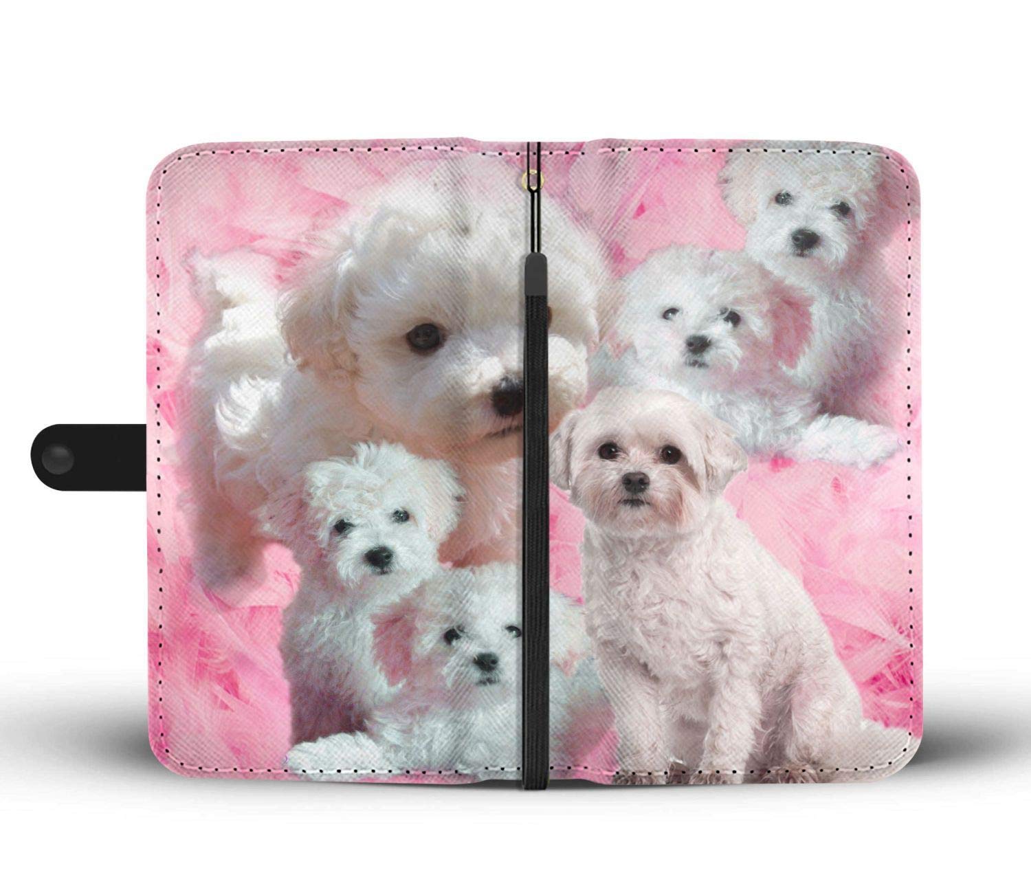 Dog Print Phone Case, Cute Bolognese Dog Print Smartphone iPhone Wallet Case. Stunning Faux Leather Wallet Phone Cover/Stand for Samsung Galaxy, iPhone 6/7/8/X with RFID Protection