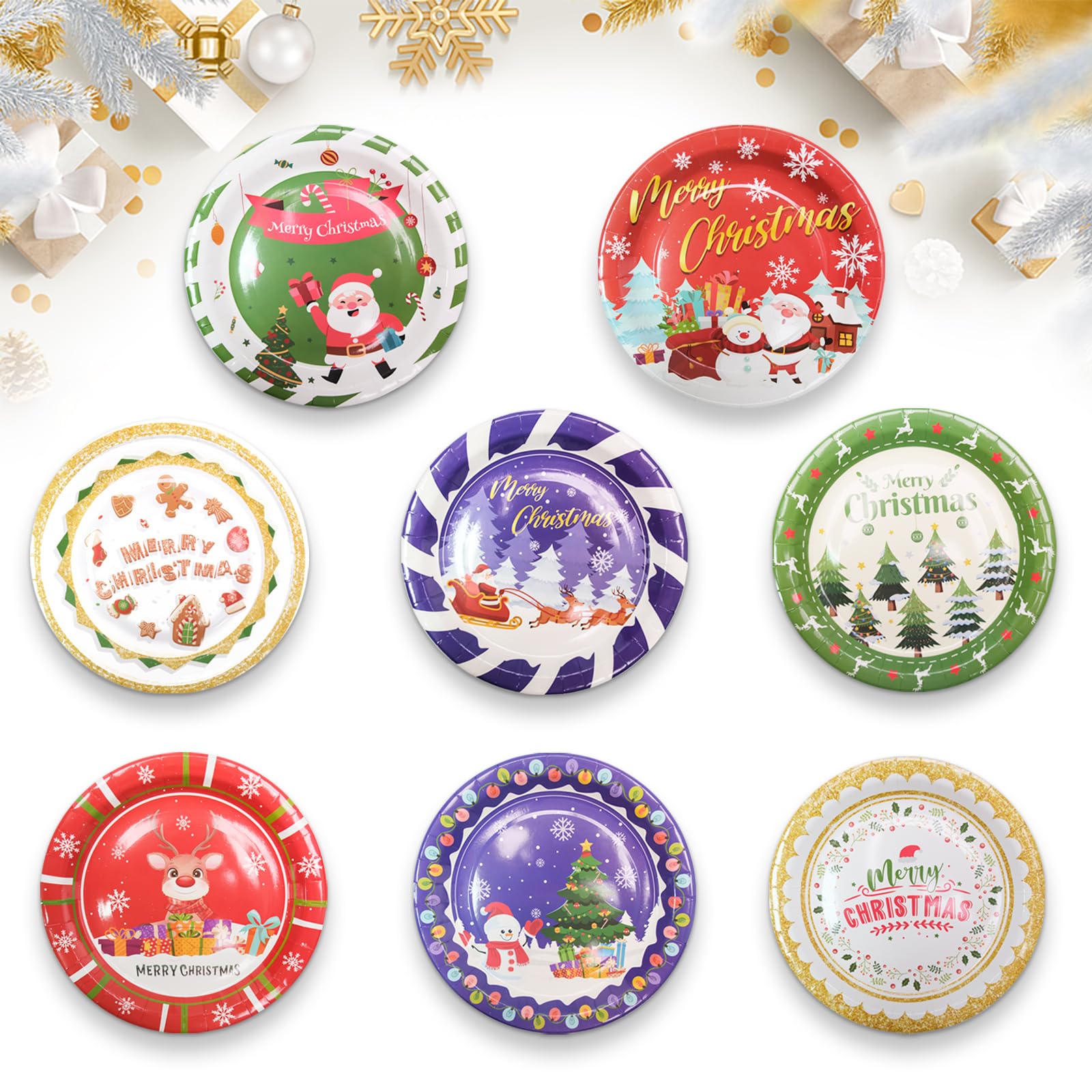 CONEHOY 120 Pcs Christmas Paper Plates Round 9 In Disposable Tableware Sets Santa Snowman Christmas Tree Design Holiday Tableware for Winter Dinner Dessert Birthday Christmas Party Supplies