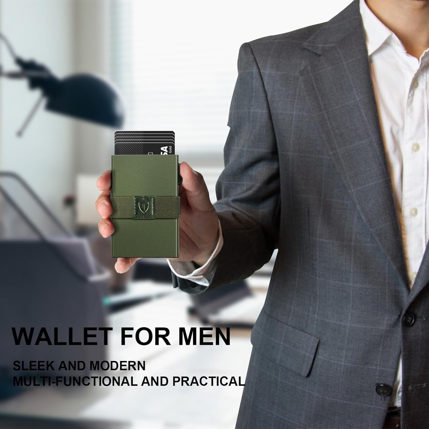 TOYFID Slim Wallet for Men, Minimalist Wallet for Men,Pop Up Wallet, Metal Wallet, RFID Blocking Mens Wallets with Expandable Backplate & Cash Band, Holds 12+ Cards Plus Cash, Green