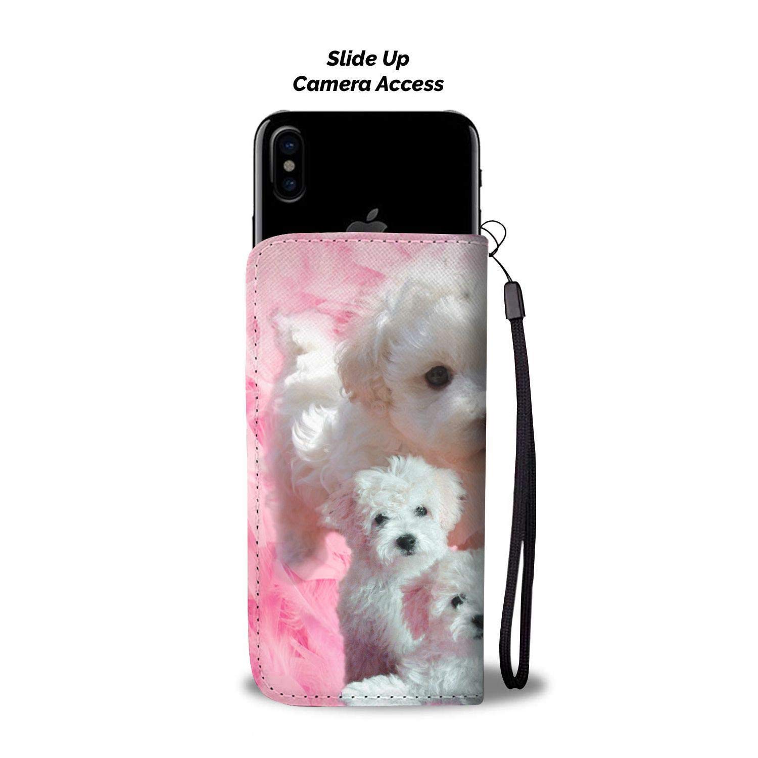 Dog Print Phone Case, Cute Bolognese Dog Print Smartphone iPhone Wallet Case. Stunning Faux Leather Wallet Phone Cover/Stand for Samsung Galaxy, iPhone 6/7/8/X with RFID Protection