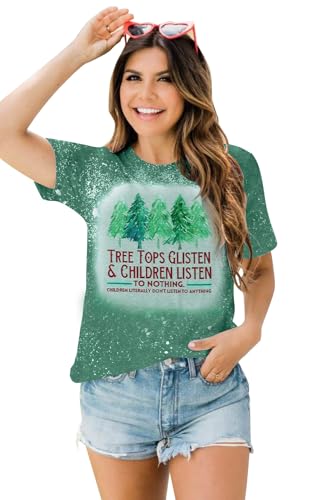 Teacher Christmas Shirt Women Tree Tops Glisten Children Listen Bleached Tee Cute Tree Graphic Teacher Gift Shirts Green