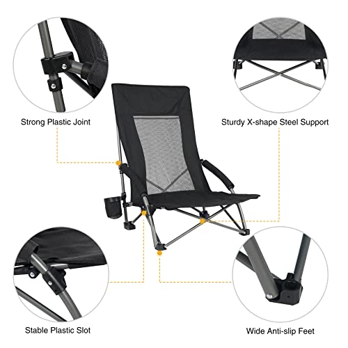 REDCAMP High Back Beach Chairs for Adults, Oversided Folding Low Beach Chairs for Concerts, Lightweight Portable for Camping Backpacking Outdoor Sports Events, Black