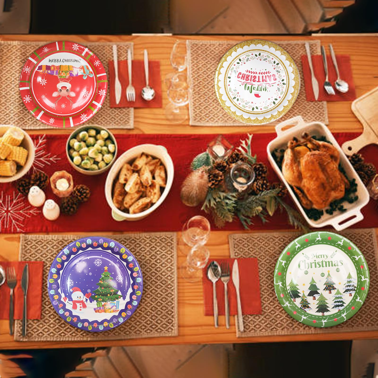 CONEHOY 120 Pcs Christmas Paper Plates Round 9 In Disposable Tableware Sets Santa Snowman Christmas Tree Design Holiday Tableware for Winter Dinner Dessert Birthday Christmas Party Supplies
