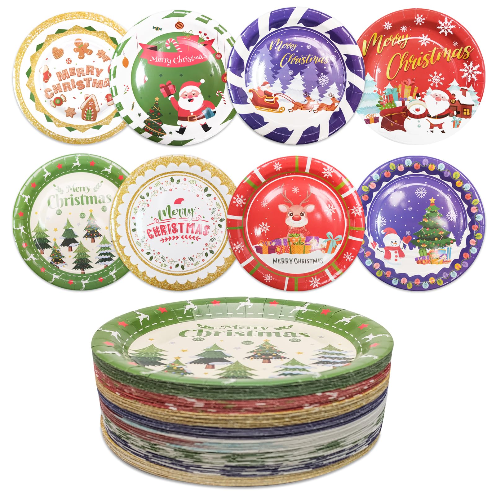CONEHOY 120 Pcs Christmas Paper Plates Round 9 In Disposable Tableware Sets Santa Snowman Christmas Tree Design Holiday Tableware for Winter Dinner Dessert Birthday Christmas Party Supplies