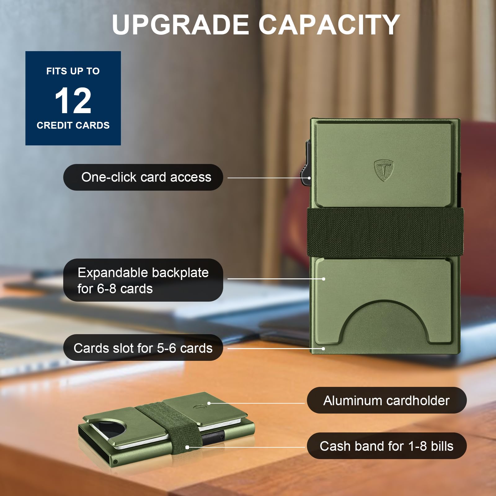 TOYFID Slim Wallet for Men, Minimalist Wallet for Men,Pop Up Wallet, Metal Wallet, RFID Blocking Mens Wallets with Expandable Backplate & Cash Band, Holds 12+ Cards Plus Cash, Green
