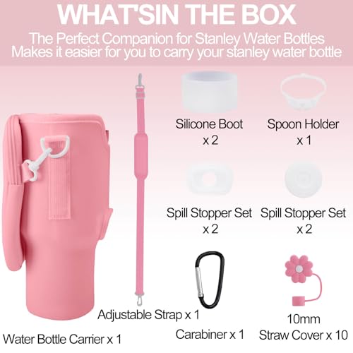 Stanley Cup Accessories Set Including 1Pcs Stanley Carrier Bag, 10 Pcs Straw Cover Cap,Silicone Spill Proof Stopper, 2 Pcs Silicone Boot for 30/40oz Adventure Quencher & Flowstate Tumbler with Handle