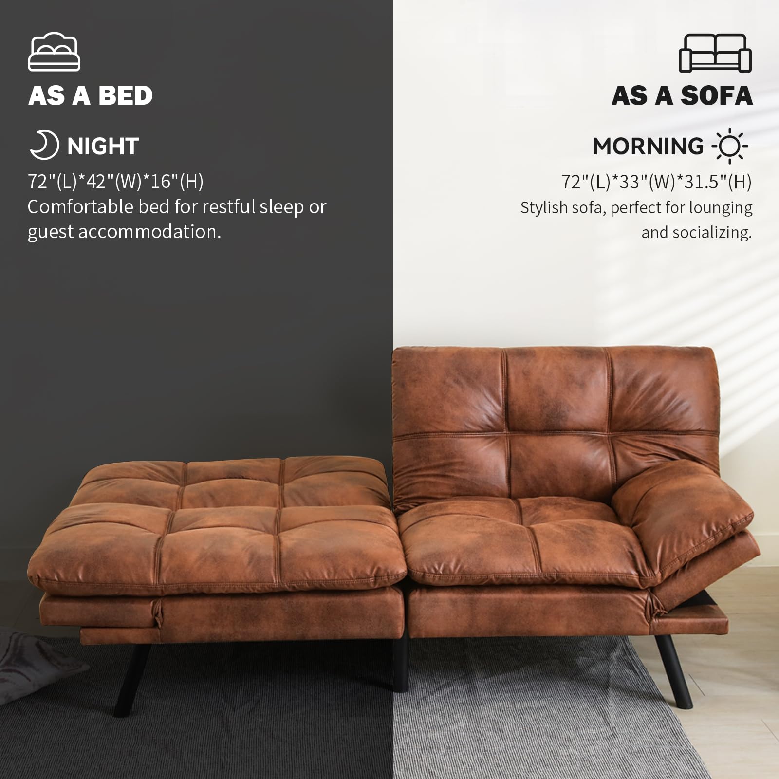 Hcore Convertible Futon Sofa Couch,3” Memory Foam Splitback Sofa,Brown Faux Leather Memory Foam Loveseat,Small Euro Lounger Sofa for Compact Living Spaces,Apartment,Studio,Office/Cushion Thickening