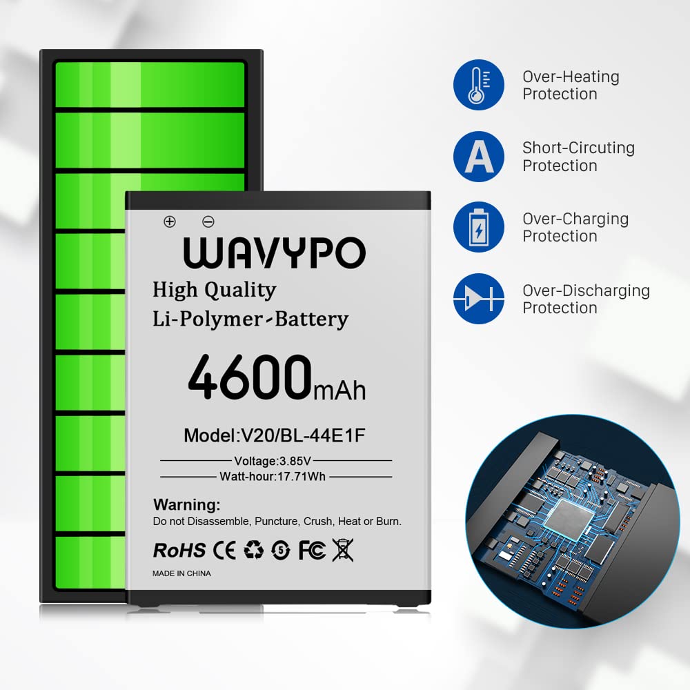 WAVYPO Battery for LG V20 Battery, [4600mAh] Upgraded BL-44E1F Replacement Battery for LG V20 BL-44E1F, V20 BL-44E1F / LG V20 Battery for LG H910 H918 V995 LS997 | LG V20 Spare Battery