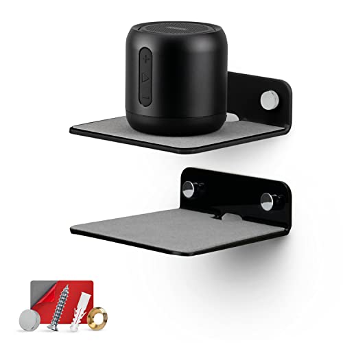 BRAINWAVZ 2-Pack 4â Small Floating Shelf Bluetooth Speaker Stand, Adhesive & Screw Wall Mount, Anti Slip, for Cameras, Baby Monitors, Webcam, Router & More, Universal Holder (SHELF11 Black)