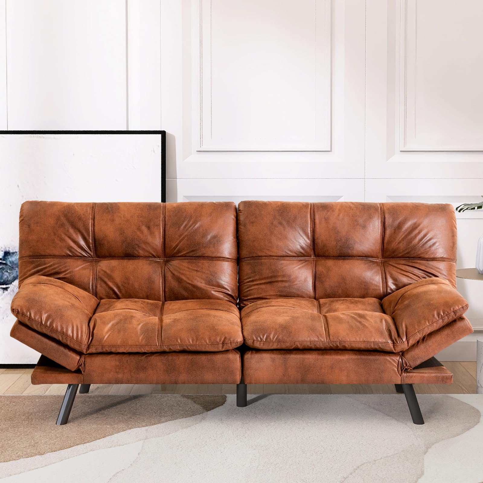 Hcore Convertible Futon Sofa Couch,3” Memory Foam Splitback Sofa,Brown Faux Leather Memory Foam Loveseat,Small Euro Lounger Sofa for Compact Living Spaces,Apartment,Studio,Office/Cushion Thickening