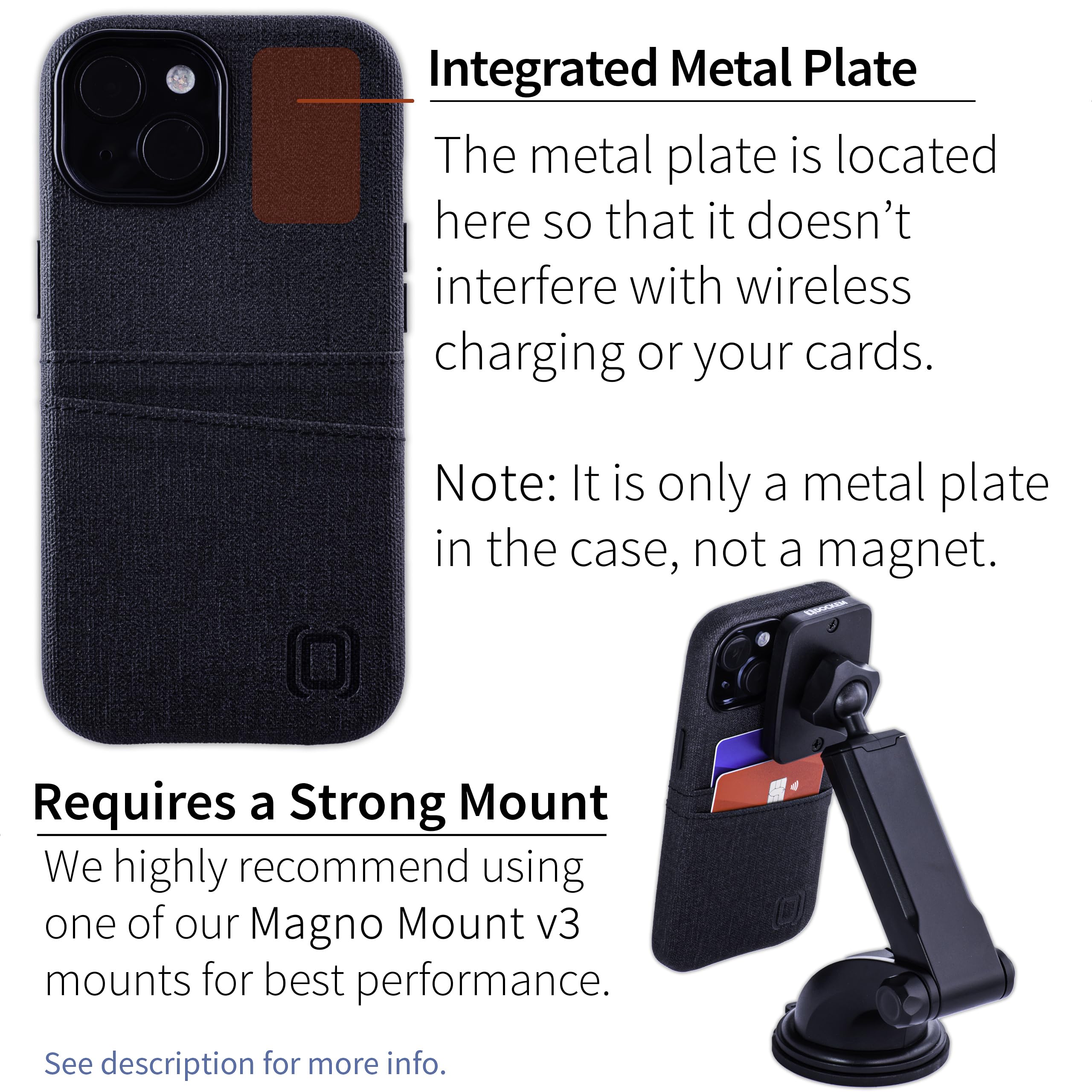 Dockem Card Case for iPhone 15 with Built-in Metal Plate for Magnetic Mounting & 2 Card Holder Pockets: Luxe M2 Wallet, Canvas Style Synthetic Leather (iPhone 15, Black)