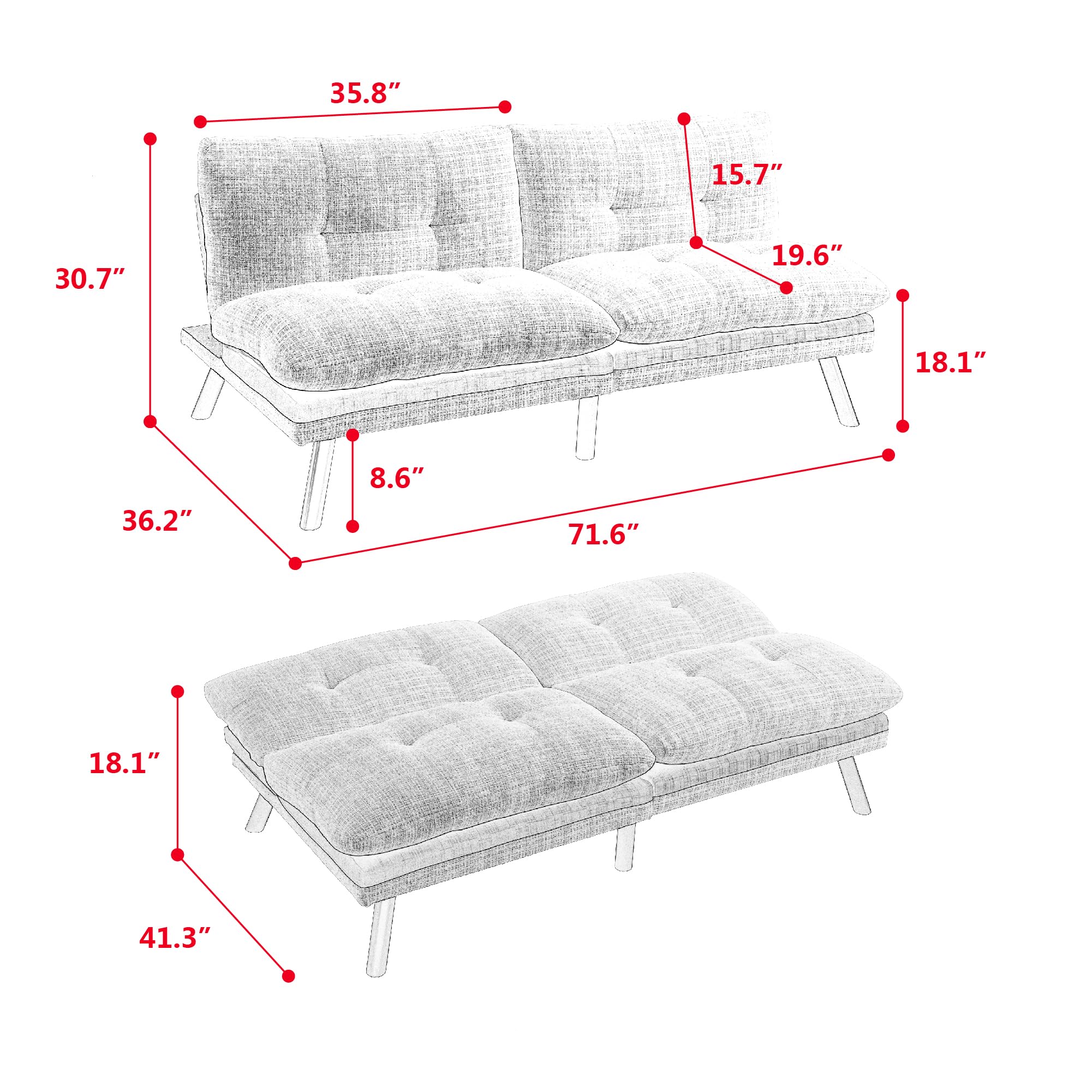 Futon Sofa Bed,Modern Convertible Sofa Bed,Folding Loveseat Sleeper Sofa,Breathable Futon Couch Bed with Adjustable Backrest&Metal Legs for Compact Small Spaces, Apartment,Dorm,Office (Mint Green)