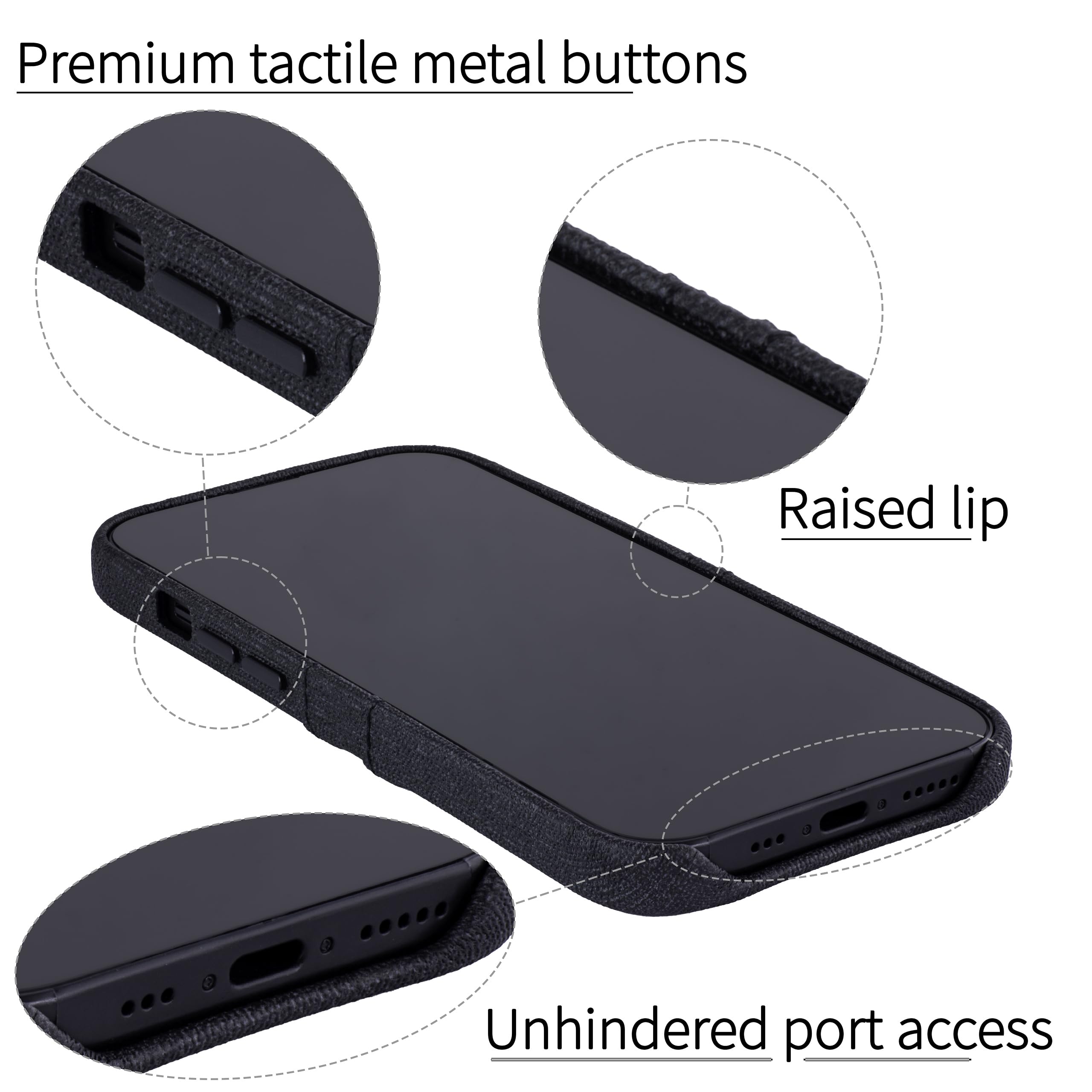 Dockem Card Case for iPhone 15 with Built-in Metal Plate for Magnetic Mounting & 2 Card Holder Pockets: Luxe M2 Wallet, Canvas Style Synthetic Leather (iPhone 15, Black)