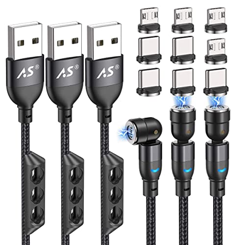 A.S 540 Degree Magnetic Charging Cable(6ft/3Pack), Nylon Braided Cord 3A Fast Charge Magnetic Data Cable, The Last Cable Magnet Phone Charger Compatible with Micro USB, Type C Devices